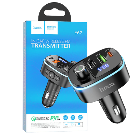 FM transmiter, brzi punjač za auto, BT v5.0, 3 x USB - E62 Fast hoco.