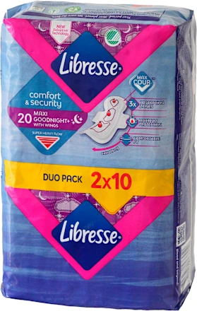 Libresse
MAXI GOODNIGHT ciklusni ulošci sa krilcima, DUO PACK 2x10kom, 20 kom
