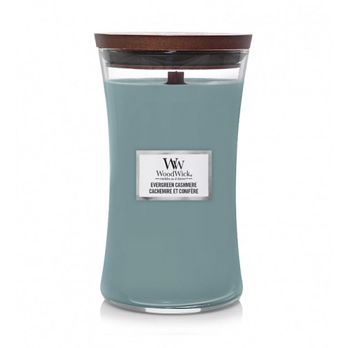 Evergreen Cashmere - L WoodWick mirisna sveća (borove iglice, balsam, sandalovina, kašmir...)