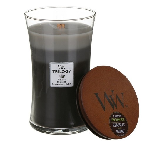 Warm Woods - L WoodWick Trilogy mirisna sveća (amber, vetiver, mošus, sandalovina)