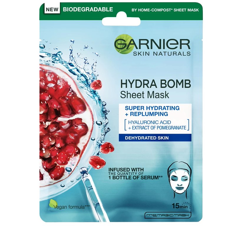 GARNIER SKIN NATURALS MASKA ZA LICE U MARAMICI 32G MOISTURE+AQUA BOMB POMEGRANT