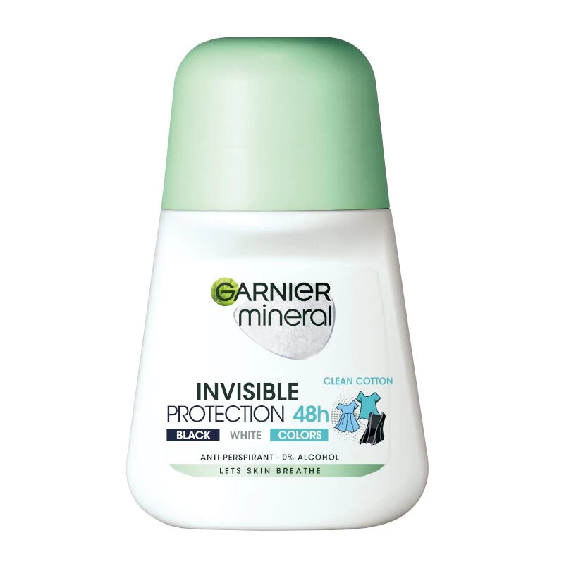 GARNIER ROLL-ON W.50ML INVISIBLE 48H BLACK,WHITE&COLORS COTTON