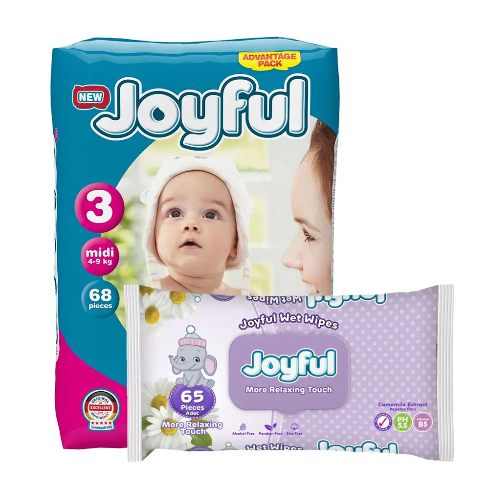 JOYFUL Pelene za jednokratnu upotrebu Midi 3, 4-9kg Adventage pack 68kom + GRATIS Vlažne maramice