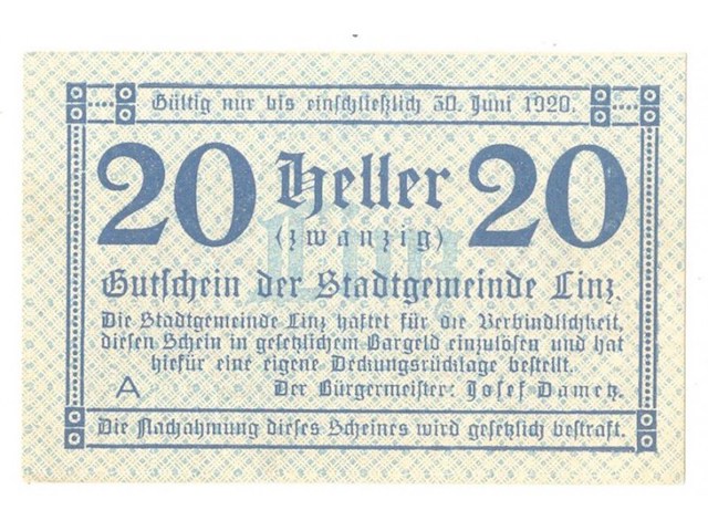 Austrija 20 heller 1920 notgeld Linc UNC