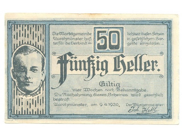 Austrija 50 heller 1920 notgeld Marktgemeinde aUNC