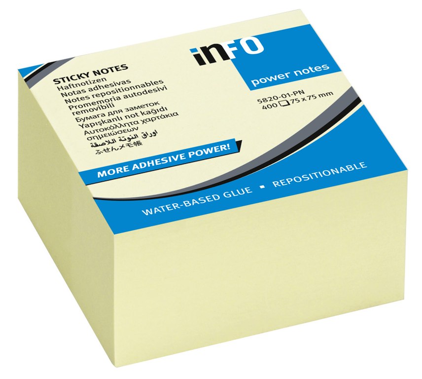 Power Notes 75×75, sa posebno jakim lepkom, KOCKA 400 listova žuta