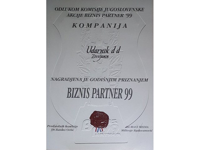 Priznanje `BIZNIS PARTNER` Jugoslavija