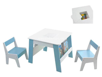 Kinder home dečiji drveni sto sa 2 stolice, sa korpom za igračke, konstruktore i ostavu za knjige...