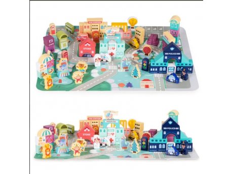 ECO TOYS Edukativne drvene kocke CITY set sa podlogom 121kom