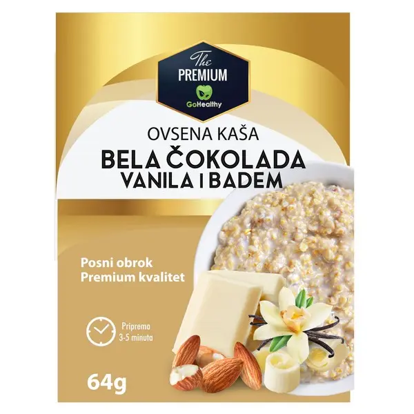 GO HEALTHY Premium ovsena kaša Bela čokolada, vanila i badem 64g