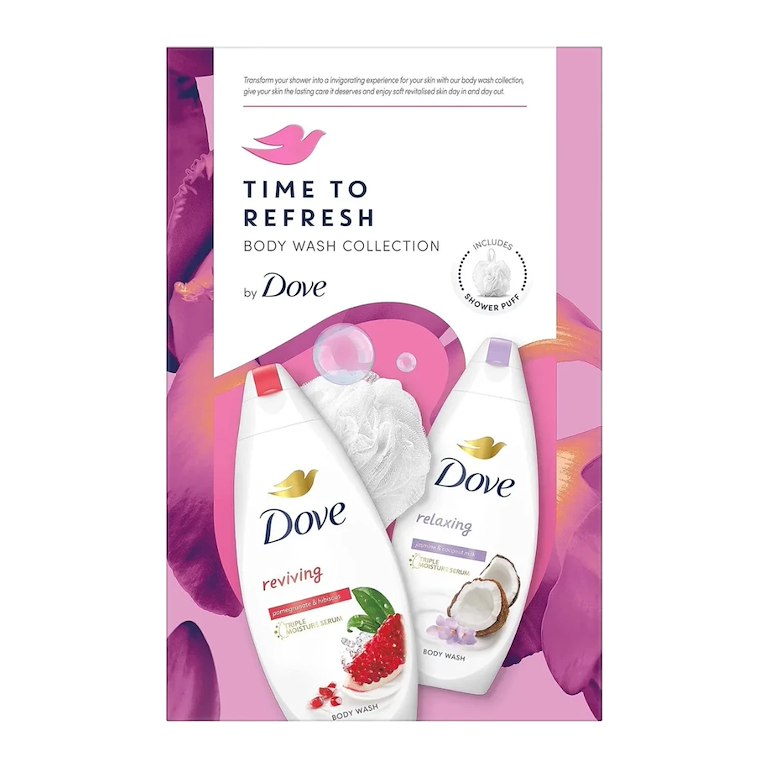 Dove Promo Set TIME TO REFRESH Kupka Reviving 225 mL i Kupka Relaxing 225 mL sa Pufnom za Tuširanje