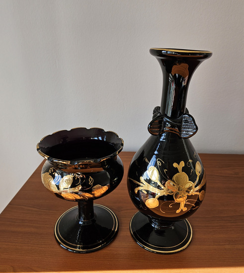 Vintage vaza, staklo slikano zlatom, ručni rad