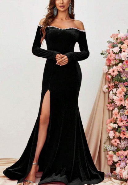 Duga crna maturska haljina sa biserima