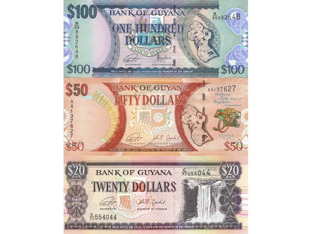 GUYANA set 20, 50 i 100 Dollars 2016/2022 UNC