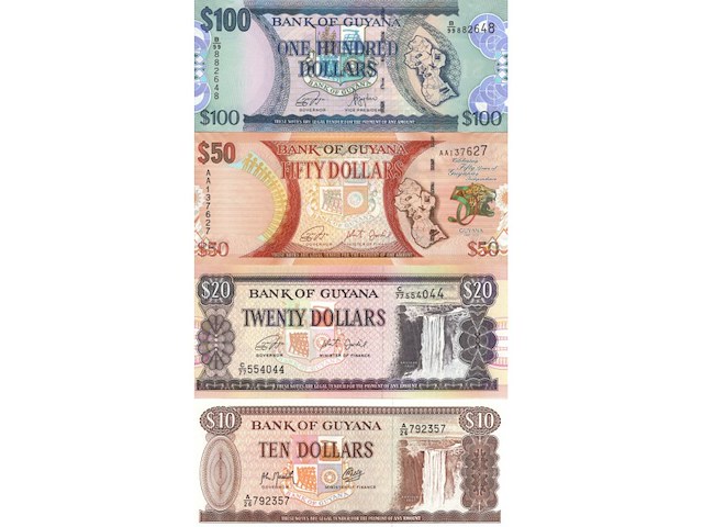 GUYANA set 10, 20 50 i 100 Dollars 1992/2022 UNC
