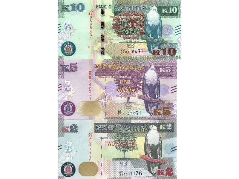 ZAMBIA set 2, 5 i 10 Kwacha 2020 UNC