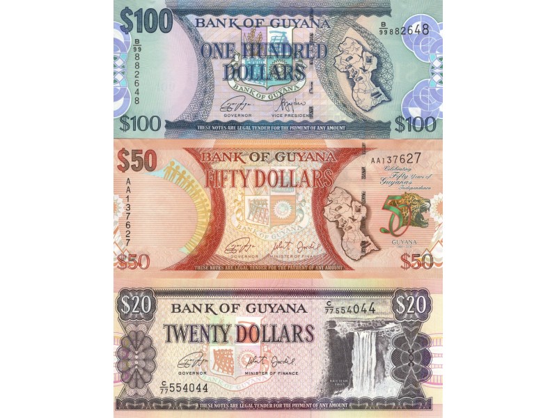 GUYANA set 20, 50 i 100 Dollars 2016/2022 UNC