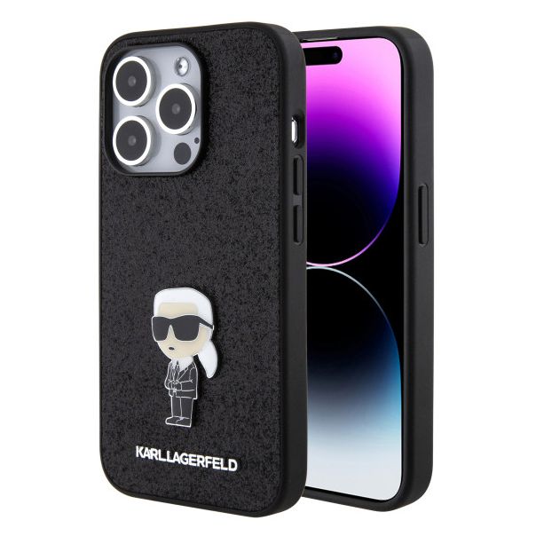 LICENSED KARL LAGERFELD maska za iPhone 15 Pro IKONIK FIXED GLITTER IKONIK LOGO METAL PIN, crna