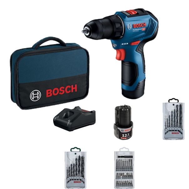 BOSCH Aku bušilica-odvrtač GSR 12V-30 u torbi sa 2 x 2,0 Ah Li-ion + 39-delni set pribora