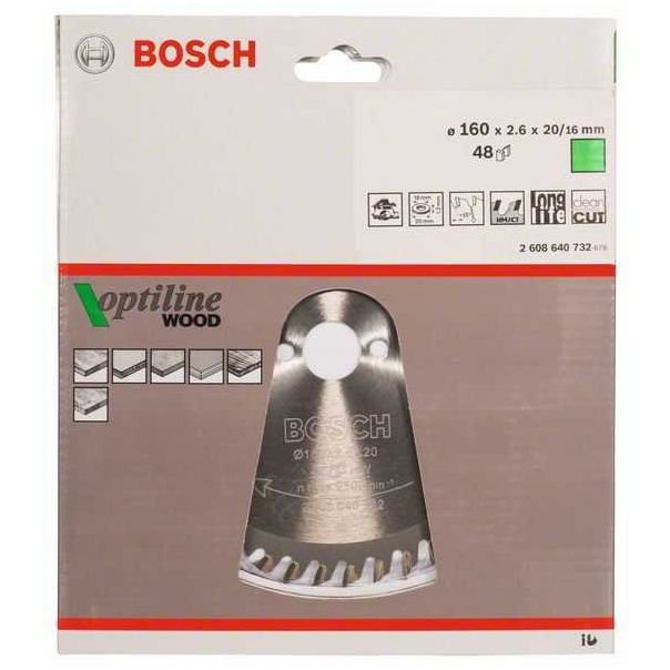 BOSCH List kružne testere Optiline Wood 2608640732, 160 x 20/16 x 2,6 mm, 48