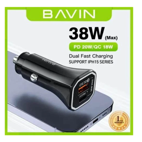 Bavin auto punjač max 38W PD20W+ QC3.0 USB-A + USB-C crna