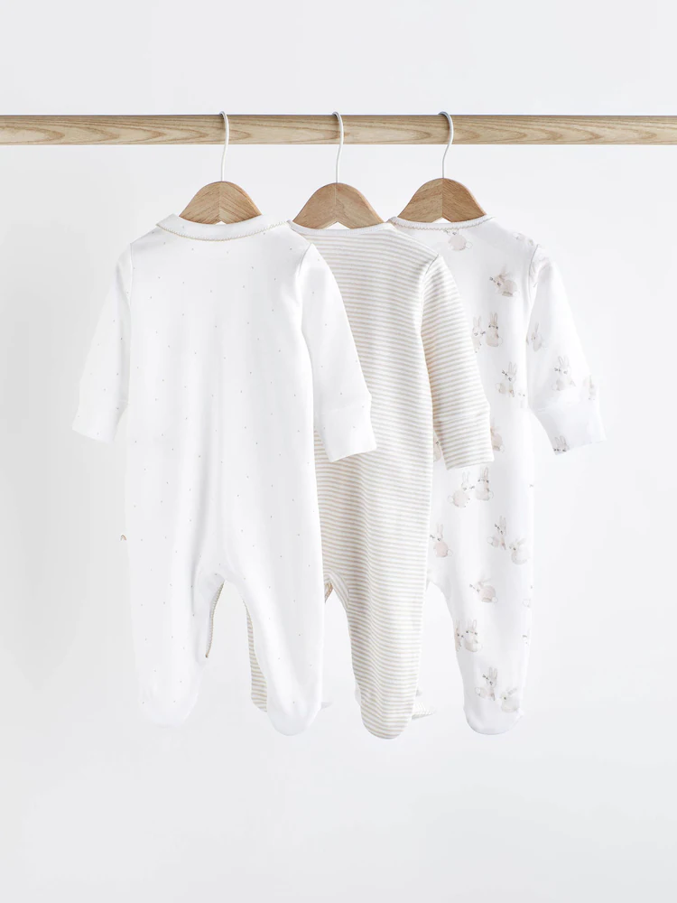 Neutral Bunny 100% Cotton Delicate Baby Sleepsuits 3 Pack (0-2yrs)