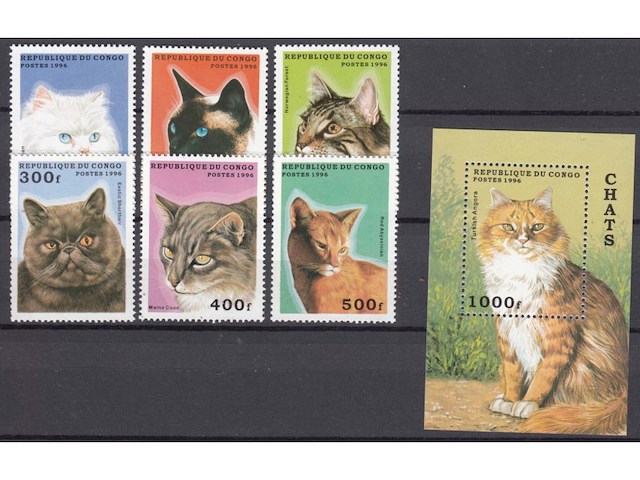 Kongo 1996 Fauna Mačke serija + blok **