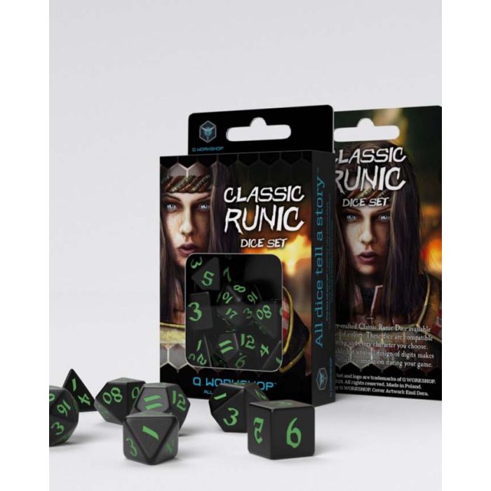 Kockice Q Workshop - Classic Runic Black & Geen - Dice Set (7)