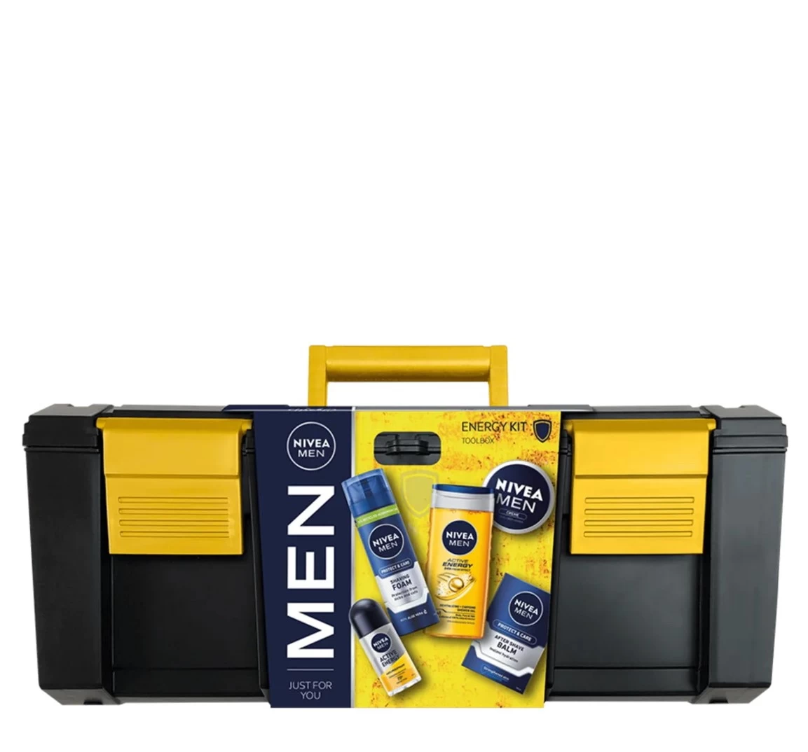 NIVEA SET MEN 60059086 ENERGY(BALSAM ZA BRIJANJE 100ML+PENA ZA BRIJANJE 200ML+ROLL ON50ML+GEL 250ML+ KREMA 75ML)KOFER