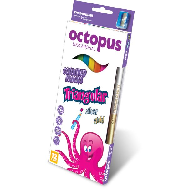 OCTOPUS Drvene boje 12/1 triangular sa zlatno-srebrnom i gratis zarezač unl-0431