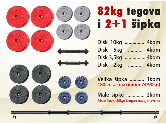 Iron Sport Tegovi i šipke (tegovi 82kg tegova i 2+1 šipka) / Set tegova 82kg sa 2+1 šipkom