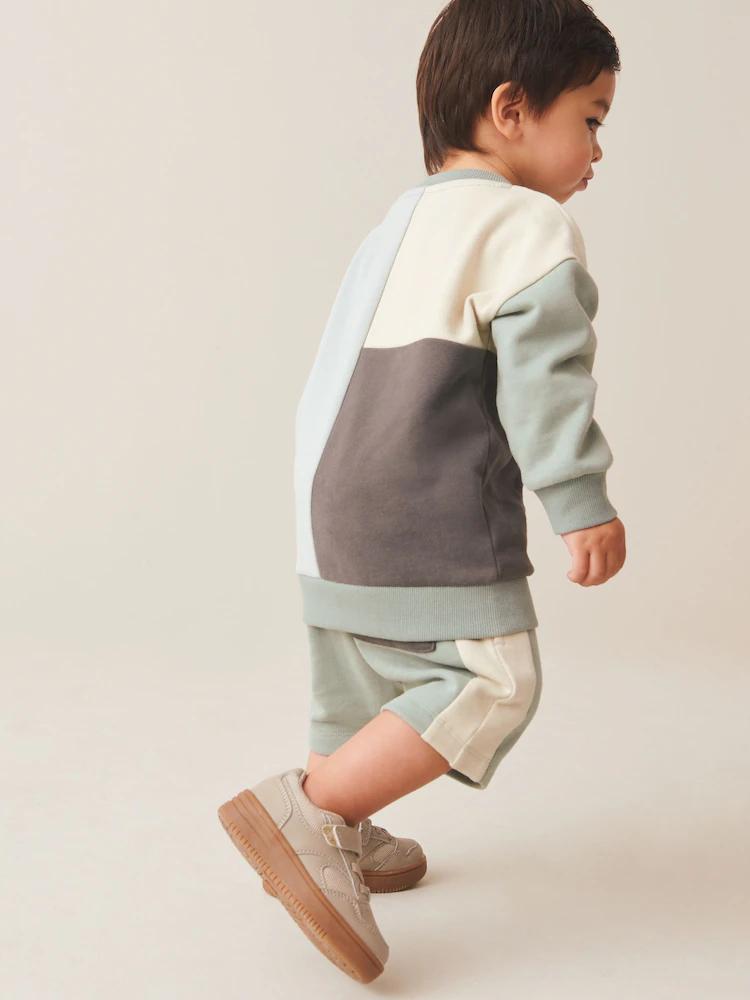 Mineral Blue/Mint Green Oversized Colourblock 100% Cotton Sweatshirt and Shorts Set (3mths-7yrs)