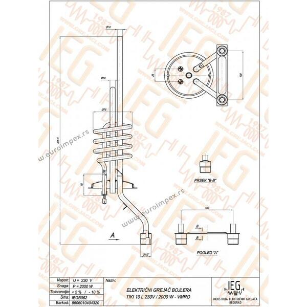 GREJAC ZA TA PEC SPIRALNI B-3 1350W/230V fi60, L=295mm (1333W NA 220V)