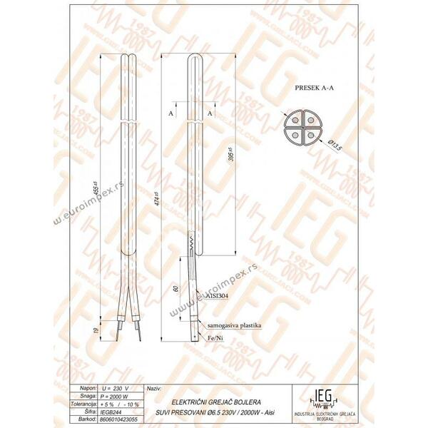 GREJAC ZA BOJLER 2000W TERMORAD LIKO PRODUZENI fii8,1 Cu MUSKE BUKSNE SA NOSACEM ANODE M8 sonda fi10/fi9 l=290mm IEGB159