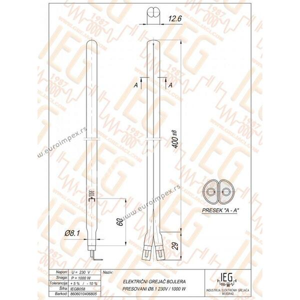 GREJAC BOJLERA SUVI 1000W PRESOVANI Y OBLIK GORENJE,LEOV FI8,1 230V l=400mm IEGB058