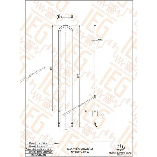 GREJAC TAP CEVNI 833W L=520mm (ZA TA PEC MAGNOHROM-AEG 2,5kW) IEGTA001 T010.0