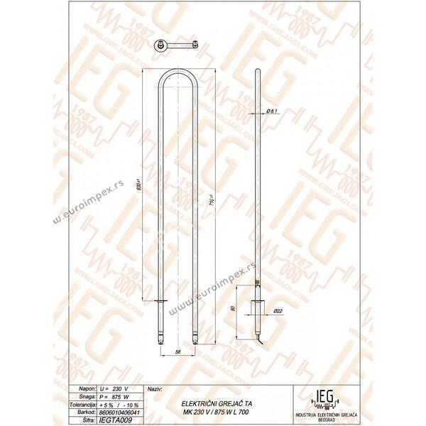 GREJAC TAP CEVNI 875W fi8,1 L=700mm (ZA TA PEC MAGNOHROM) IEGTA009