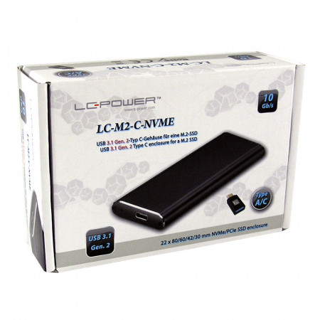 SSD rack LC Power LC-M2-C-NVMe Enclosure for M.2 SSD USB3.1 Gen.2 Type C Black + adapter