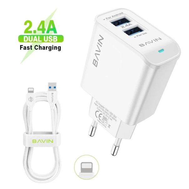 BAVIN Punjač 2xUSB-A 2,4A +kabl lightning, bela