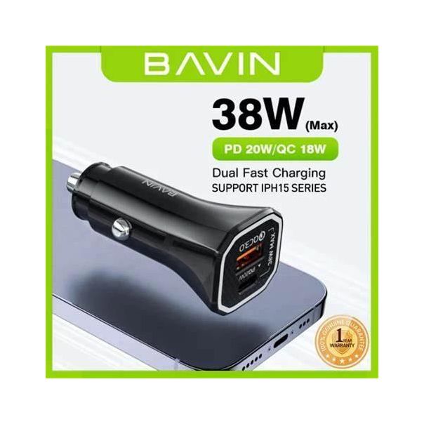 BAVIN Auto punjač max 38W PD20W+ QC3.0 USB-A + USB-C, crna