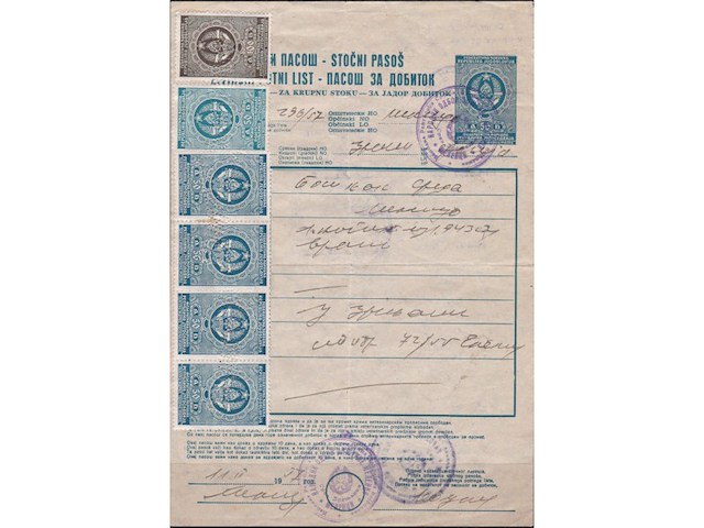 YU 1957 Stočni pasoš sa taksenim markama i uštamp.marko