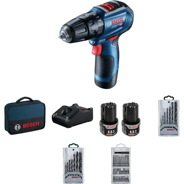 Bosch akumulatorska vibraciona bušilica - odvrtač GSB 12V-30 + 39-delni set pribora 2x2,0Ah