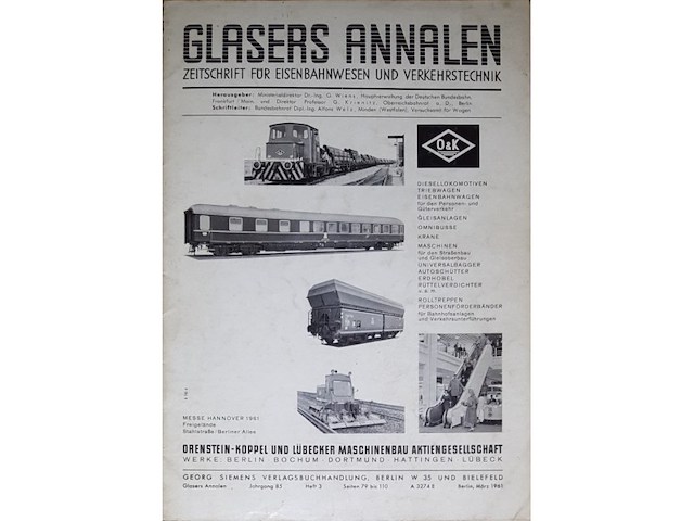 Železnice I Saobraćajno Inženjerstvo `GLASERS ANNALEN`
