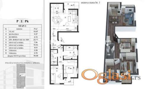 Adice-Odmah useljiv Troiposoban stan 77 m2-povrat PDV-065/385 8880