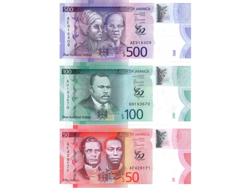 JAMAICA Jamajka 50, 100 i 500 Dollars 2022 UNC, Polymer