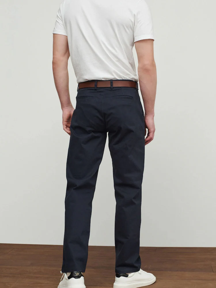 Navy Blue Straight Fit Belted Soft Touch Chino Trousers