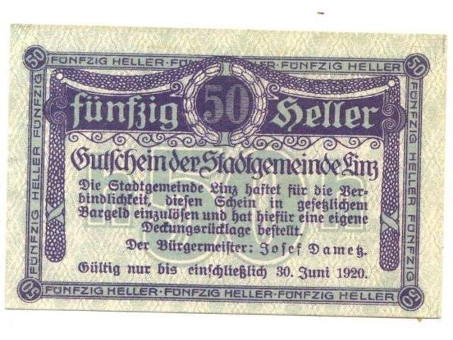 Austrija 50 heller 1920 UNC Linz notgeld
