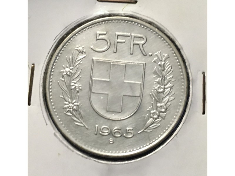 Švajcarska 5 franaka 1965 g UNC srebro