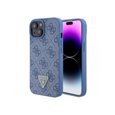 Guess Maska za iPhone 15 Plus LEATHER 4G TRIANGLE STRASS BLUE