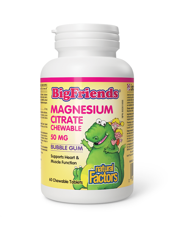 BigFriends Chewable Magnesium Citrate 50 mg Bubble Gum, Natural Factors, 60 tableta za žvakanje